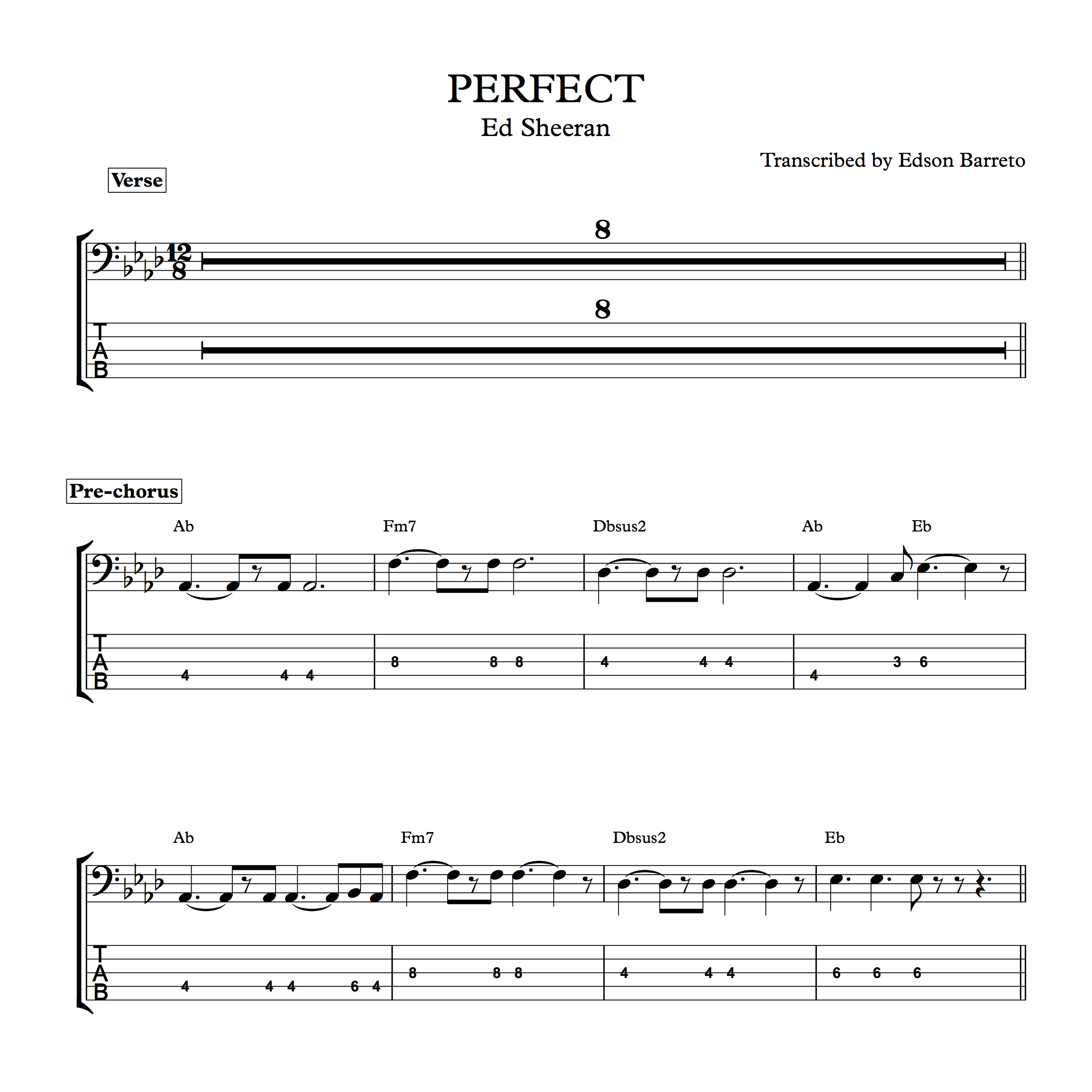 PERFECT (Ed Sheeran) Bass Transcription, Score & Tab Lesson - Edson ...