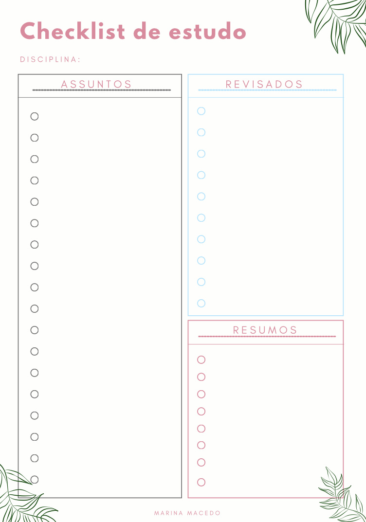 Checklist de estudo - Marina Macedo | Hotmart