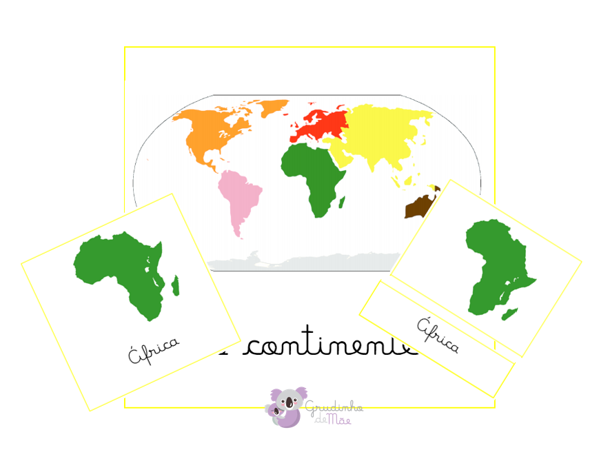 Cards Montessori de Continentes - Letra cursiva, preta, caixa baixa...