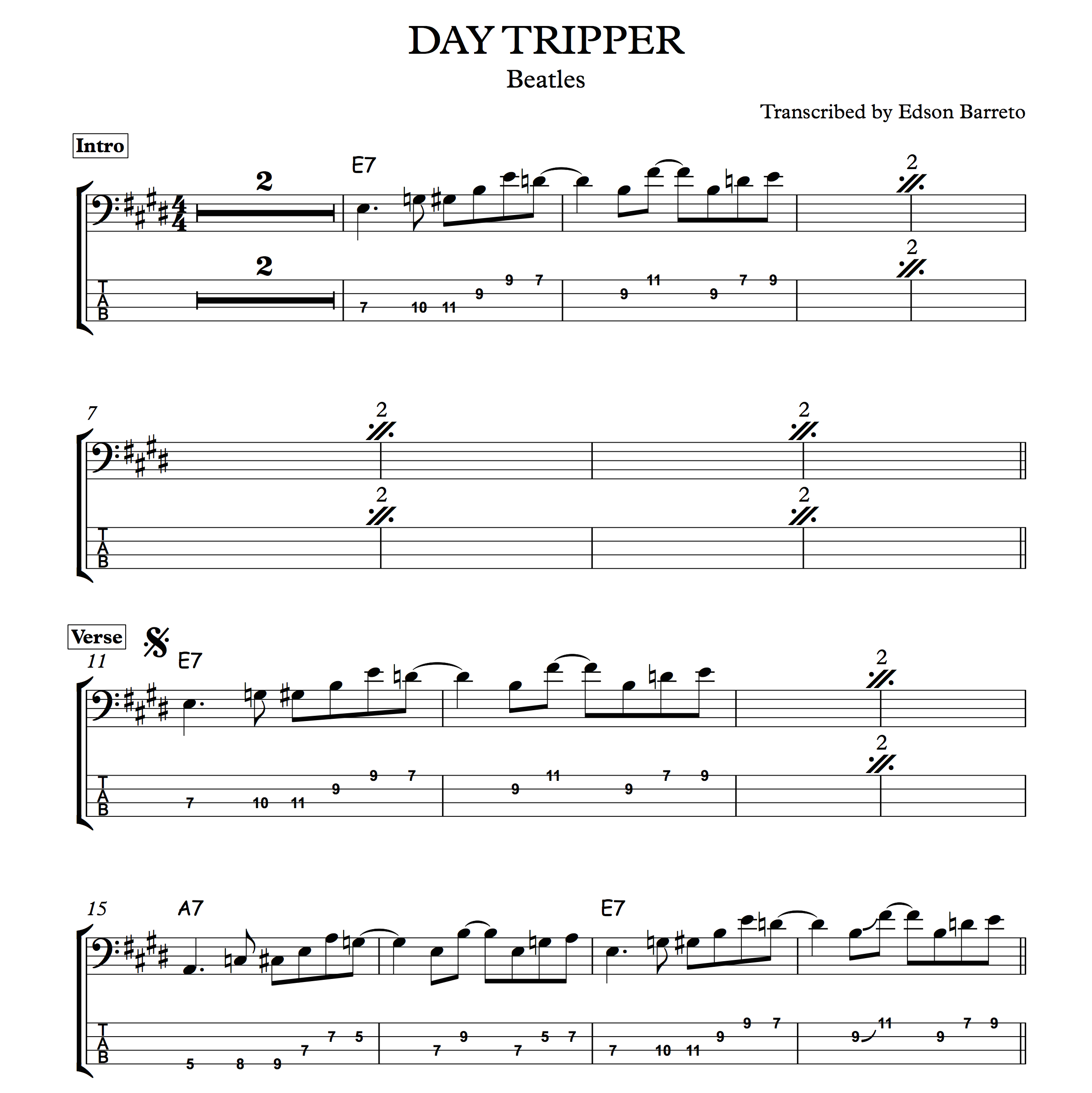DAY TRIPPER (Beatles) Bass Score & Tab Lesson - Edson Renato Vitti ...