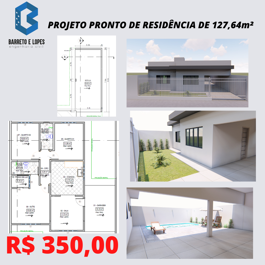 PROJETO ARQUITETÔNICO - RESIDENCIAL - 127 m² DE CONSTRUÇÃO - ENGENH...