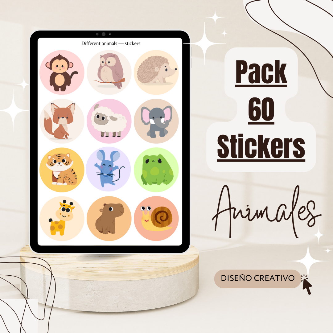 Stickers con temática de animales pack 60