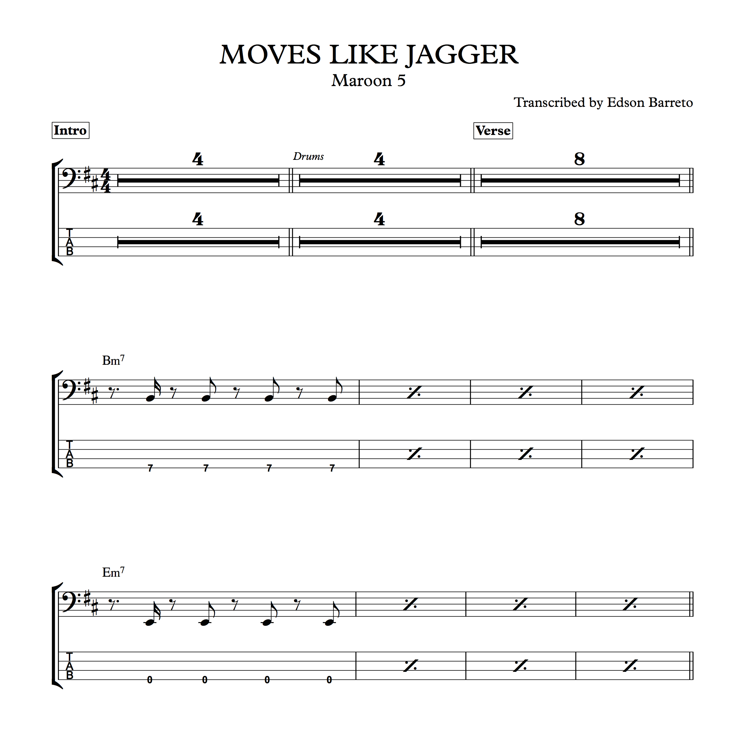 MOVES LIKE JAGGER (Maroon 5) Bass Transcription, Score & Tab Lesson