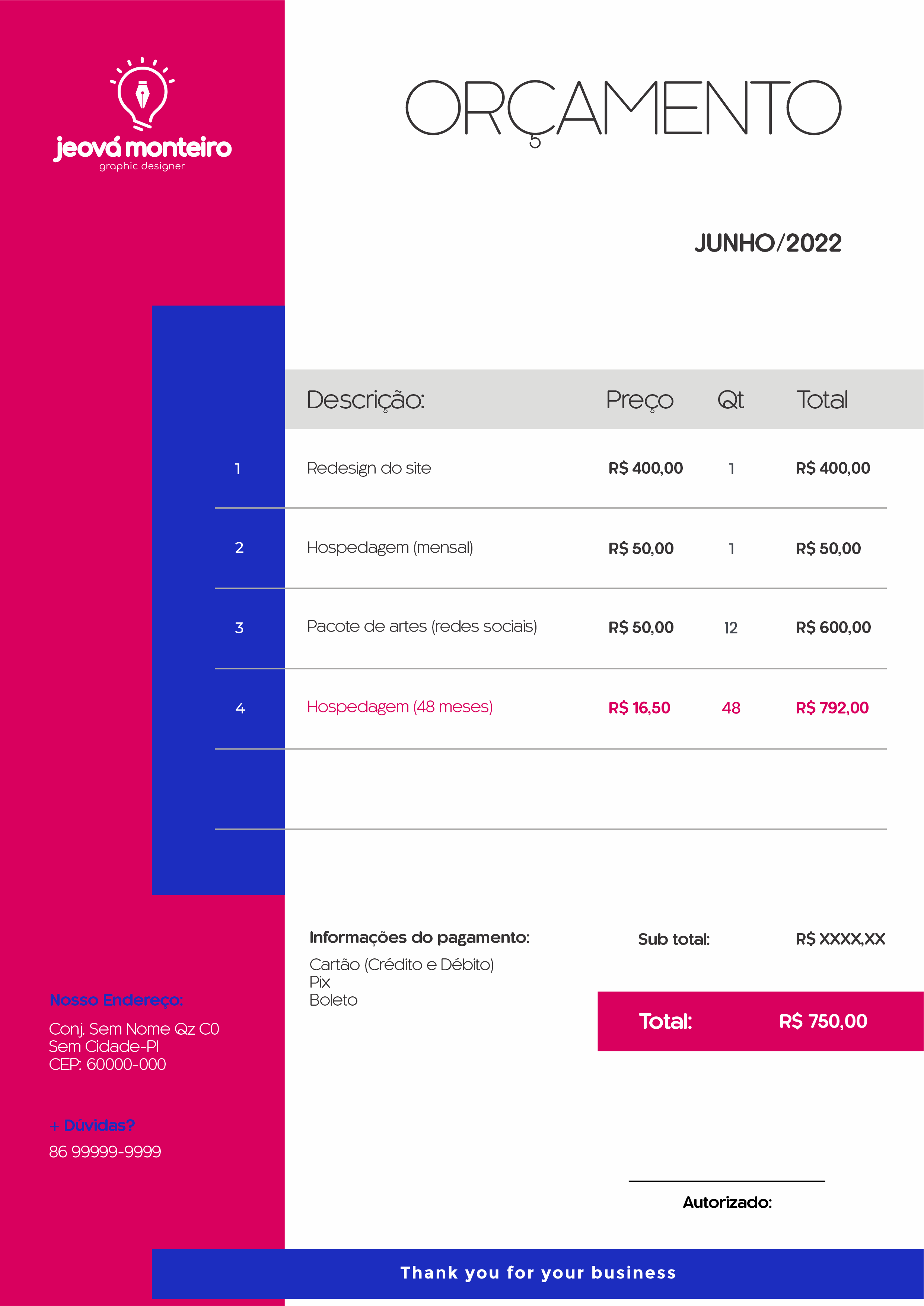 Modelo de Prosposta Comercial Simples - CDR - Jeová Monteiro | Hotmart