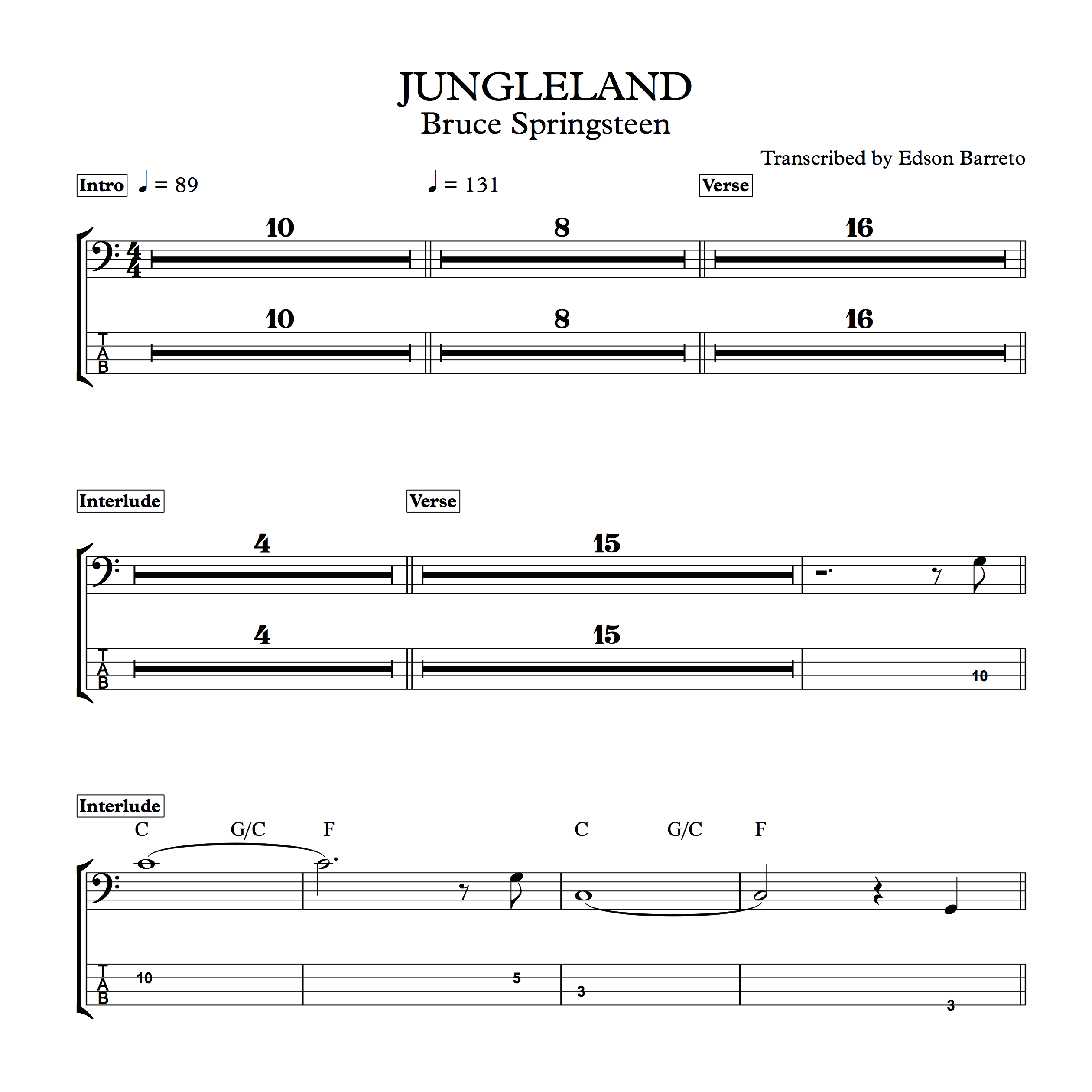 JUNGLELAND (Bruce Springsteen) Bass Transcription, Score & Tab Lesson