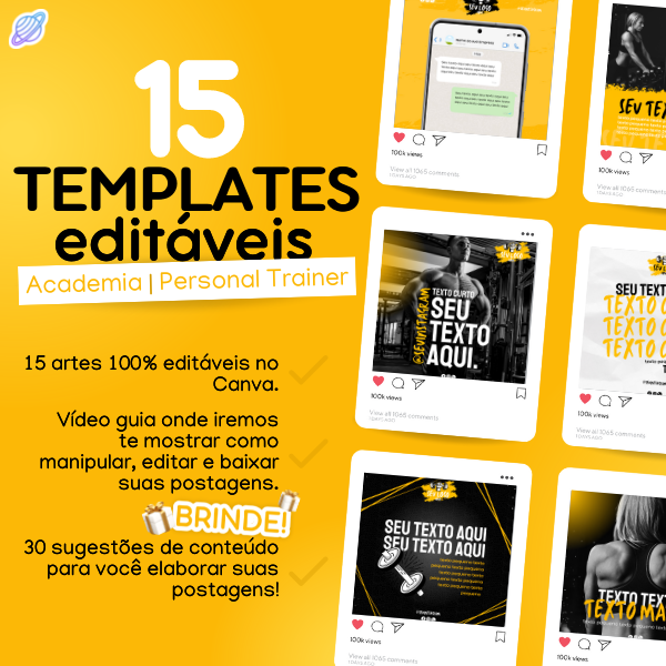 Pack com 15 Templates Editáveis no Canva (Academia e Personal Train...