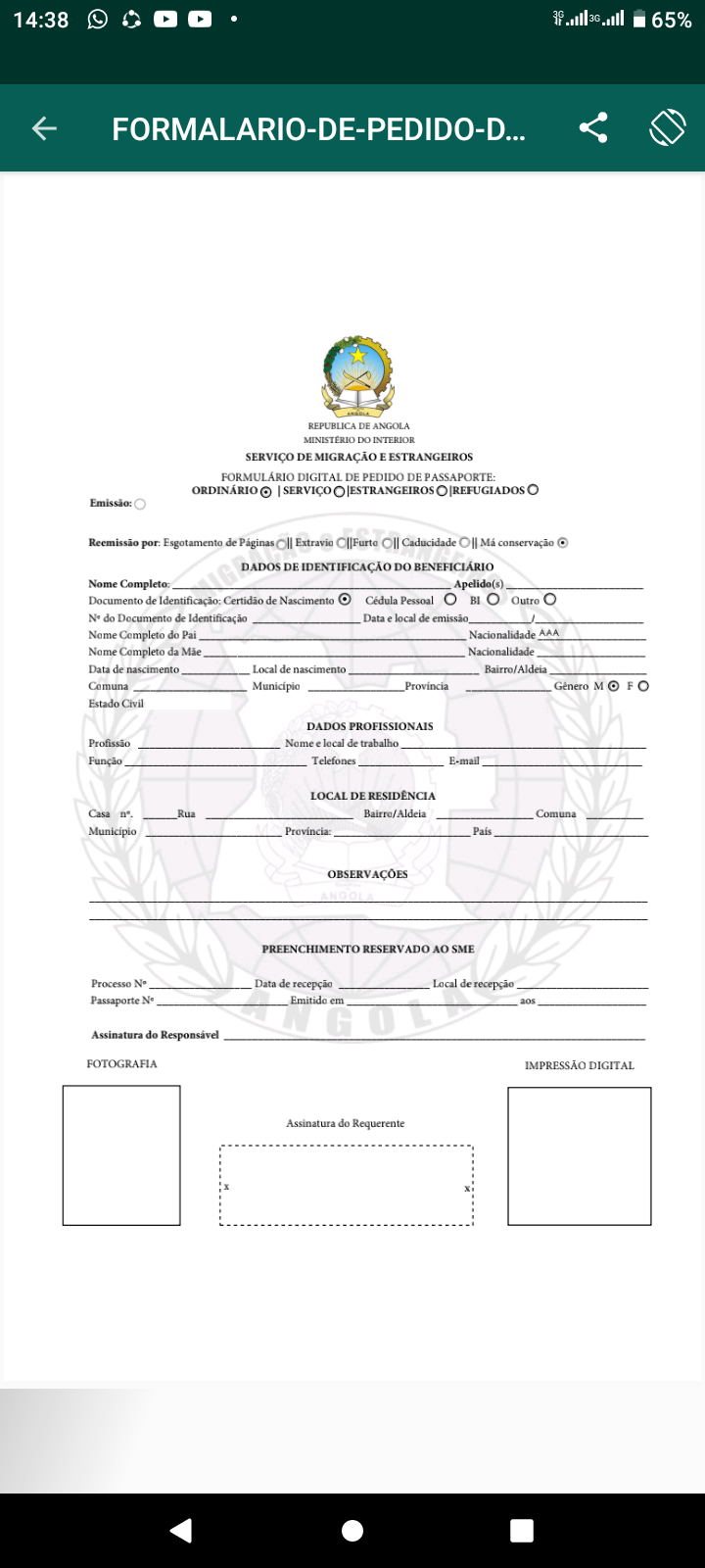 Formulário de adesão de passaportes e vistos Angolano - Maniquim