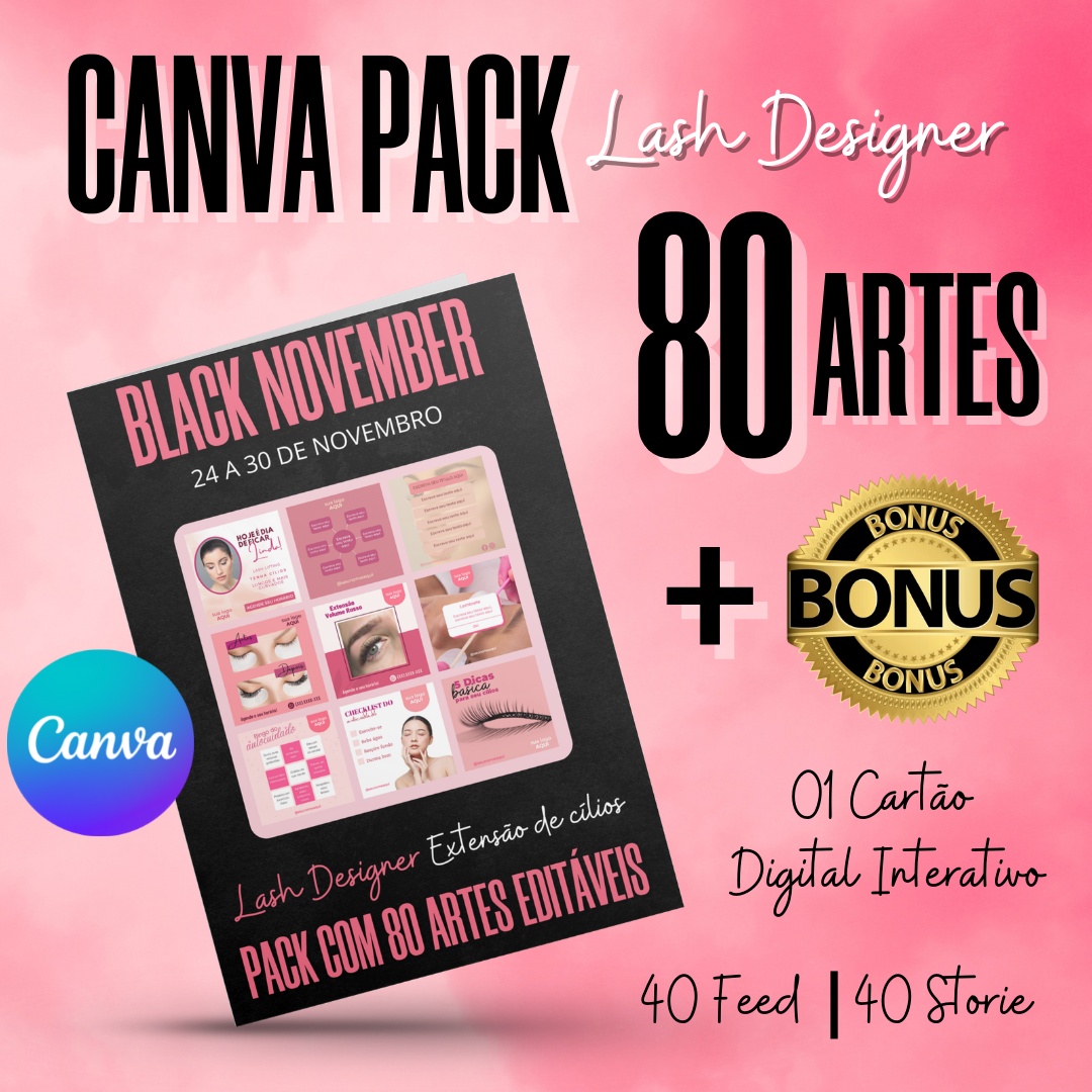 Pack Canva 100% editável - Extensão de cílios - Lash Designer - Pau...