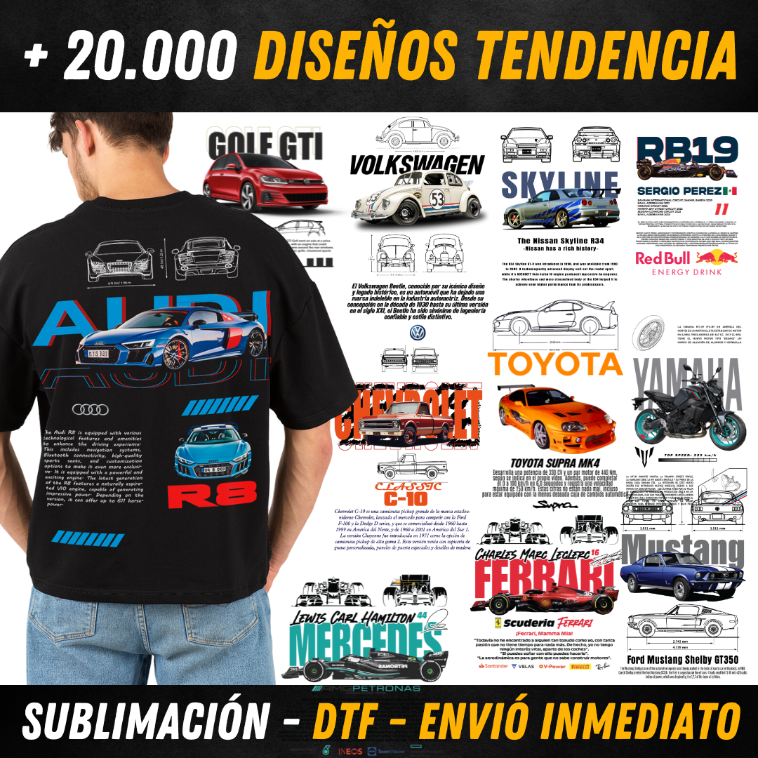 Diseños de Autos para Camisetas Sublimacion - DTF - Mega Pack | Ho...