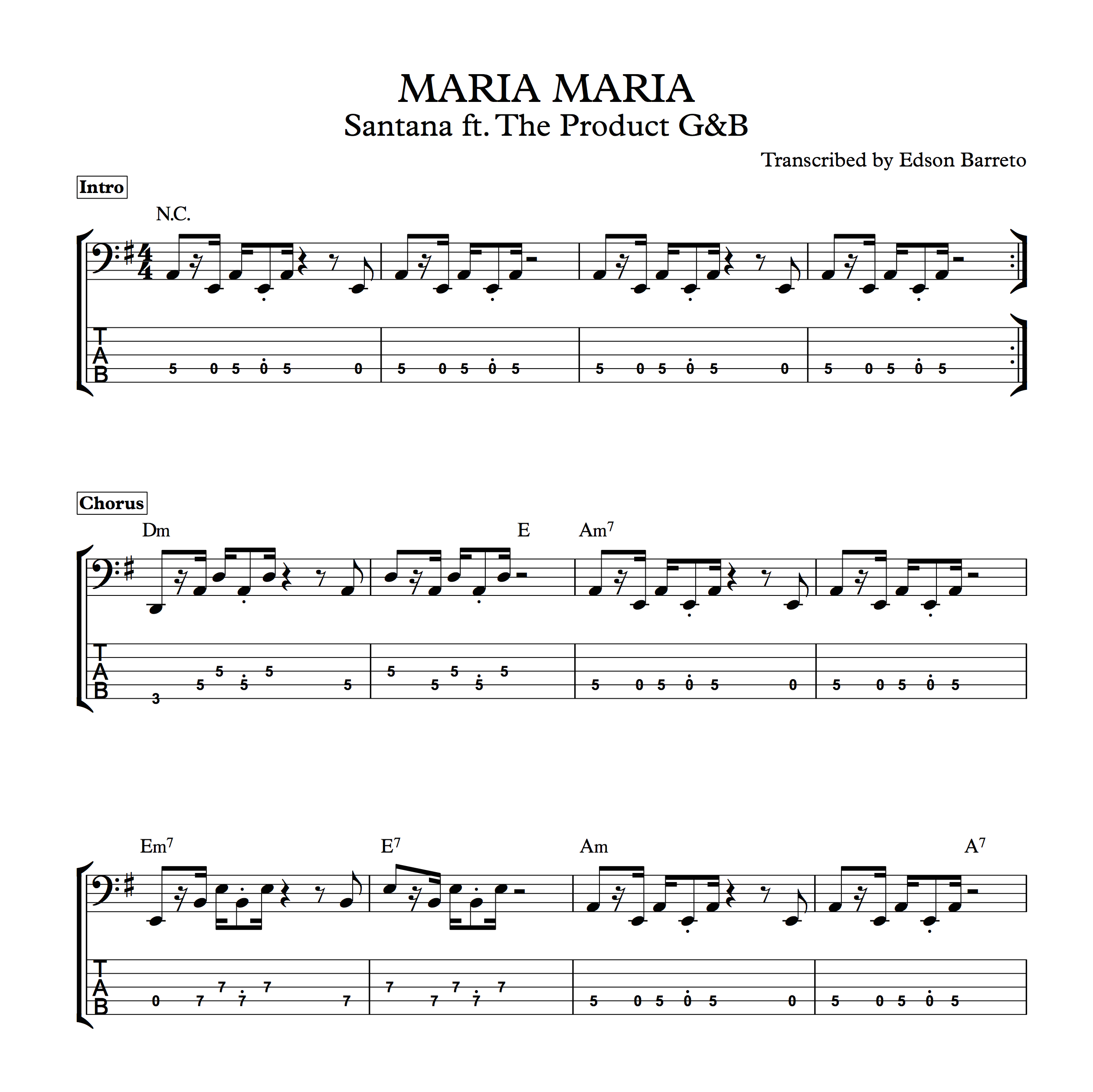 MARIA MARIA (Santana) Bass Transcription, Score & Tab Lesson