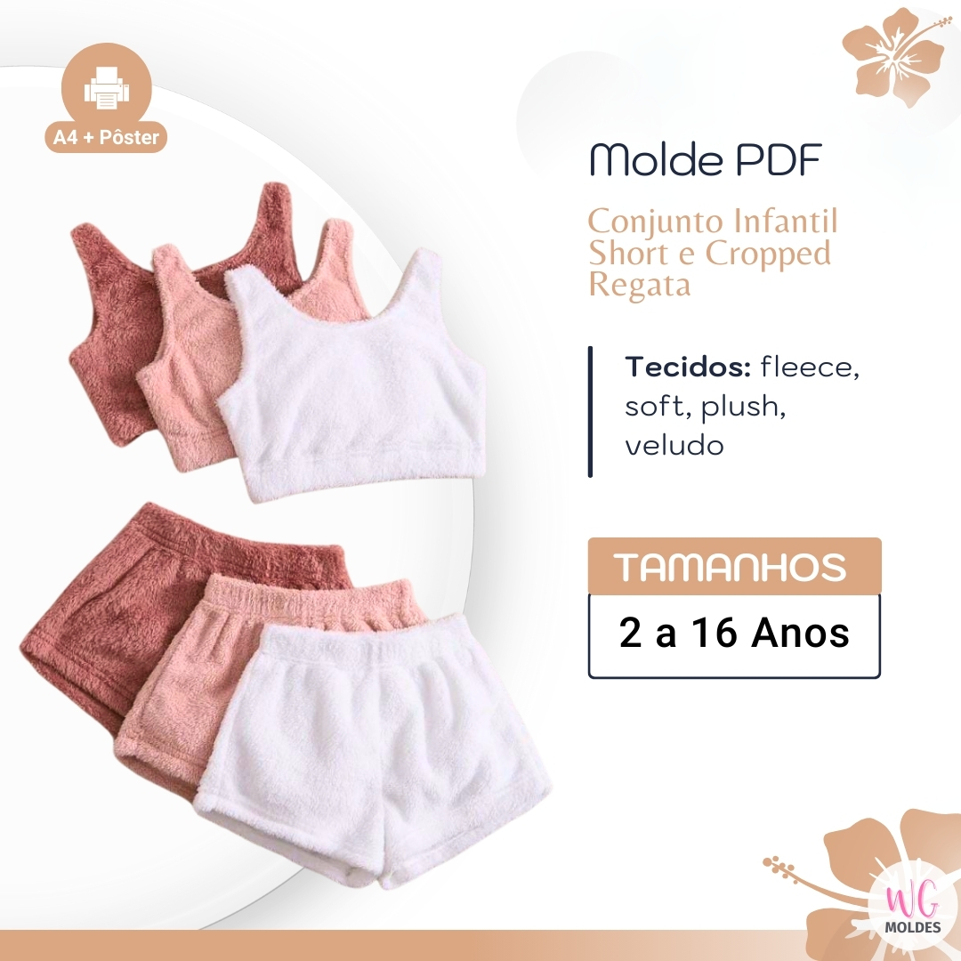 MOLDE CONJUNTO INFANTIL SHORT E CROPPED REGATA EM FLEECE - Moldes W...