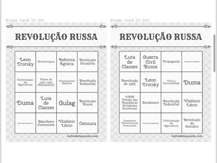 BINGO DE HISTÓRIA REVOLUÇÃO RUSSA - MD Pedagógico | Hotmart