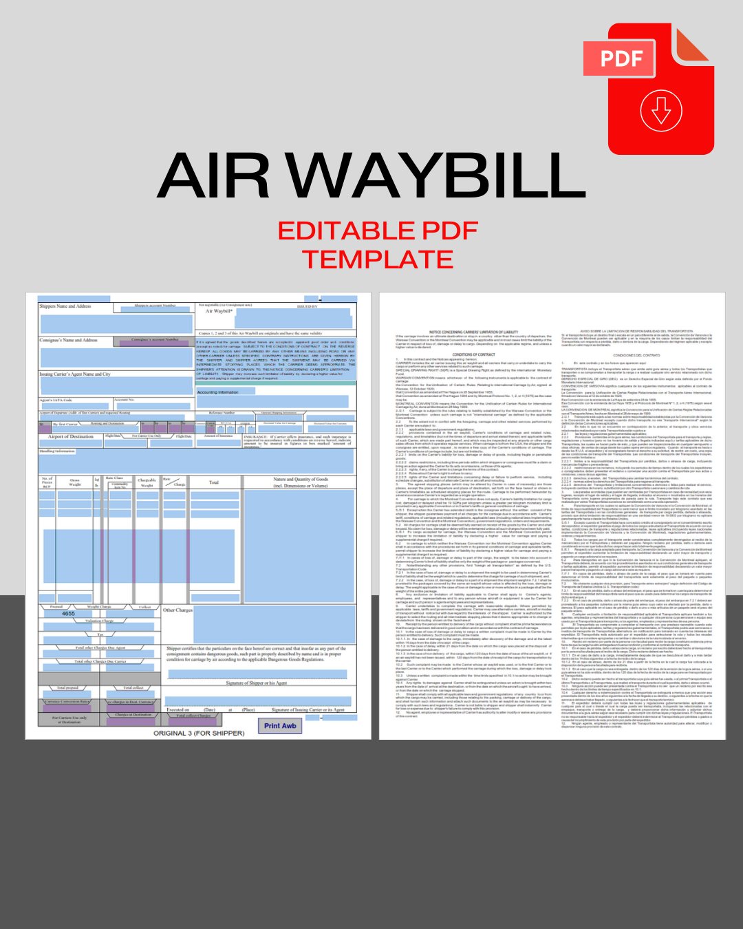 Air Waybill Template | AWB | Air Cargo Document | Editable PDF | Al...