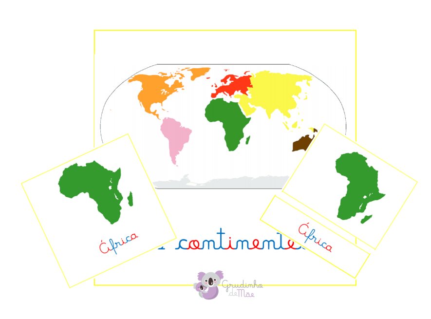 Cards Montessori de Continentes - Letra cursiva, colorida, caixa ba...