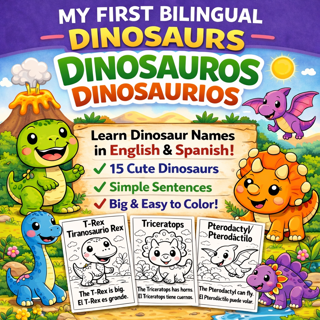 Toddler Dinosaurs Animals Coloring Book – Bilingual English Spanish...