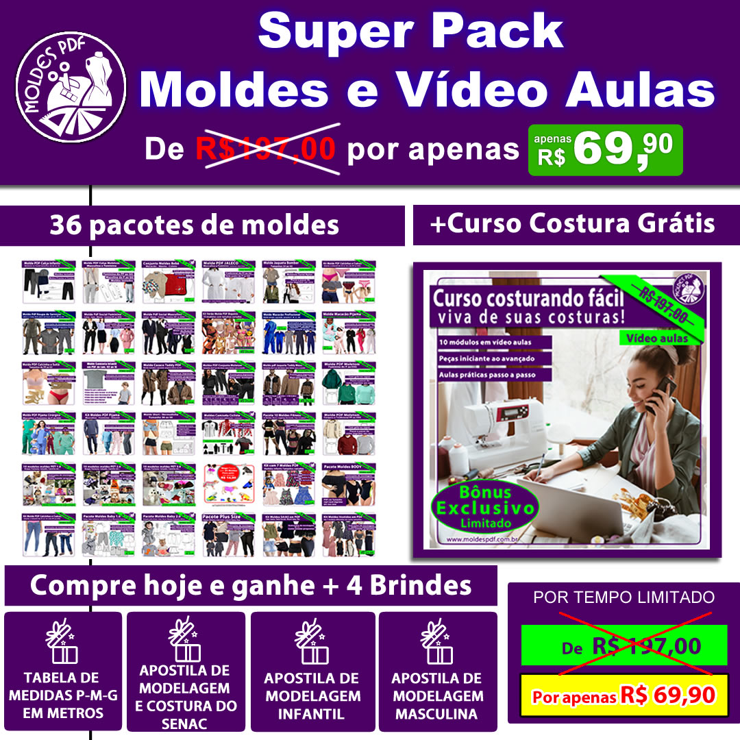 Super Pack | 36 Kits de Moldes PDF+Curso de Costura+Apostilas
