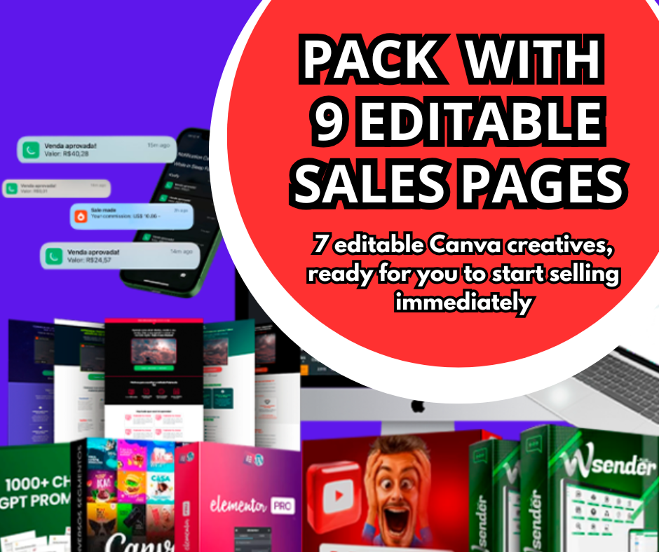 9 MODIFIABE SALES PAGES + EDITABLE CANVA MARKETING CREATIVE PACK