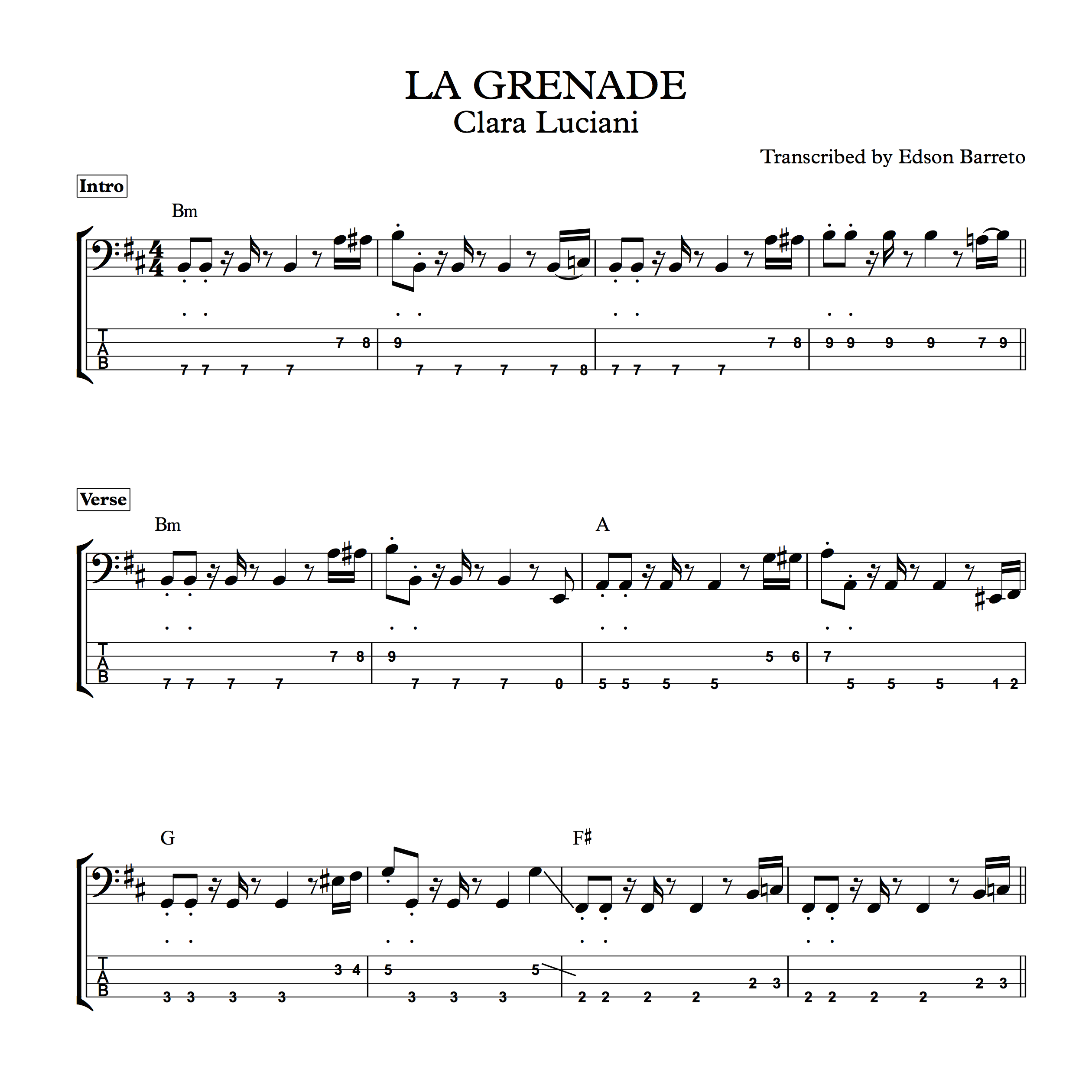 LA GRENADE (Clara Luciani) Bass Transcription, Score & Tab Lesson ...