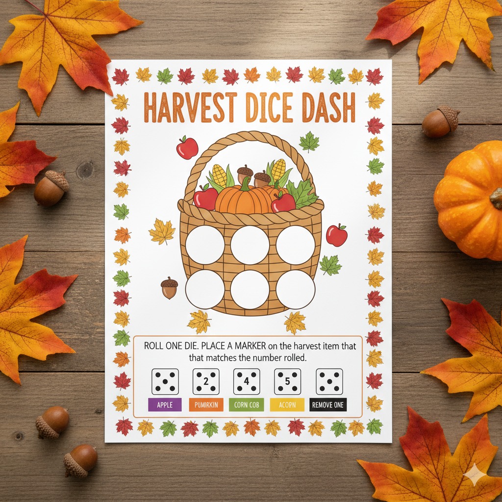 Harvest Dice Dash Printable Game - Fun Fall Activity for Kids, Fami...