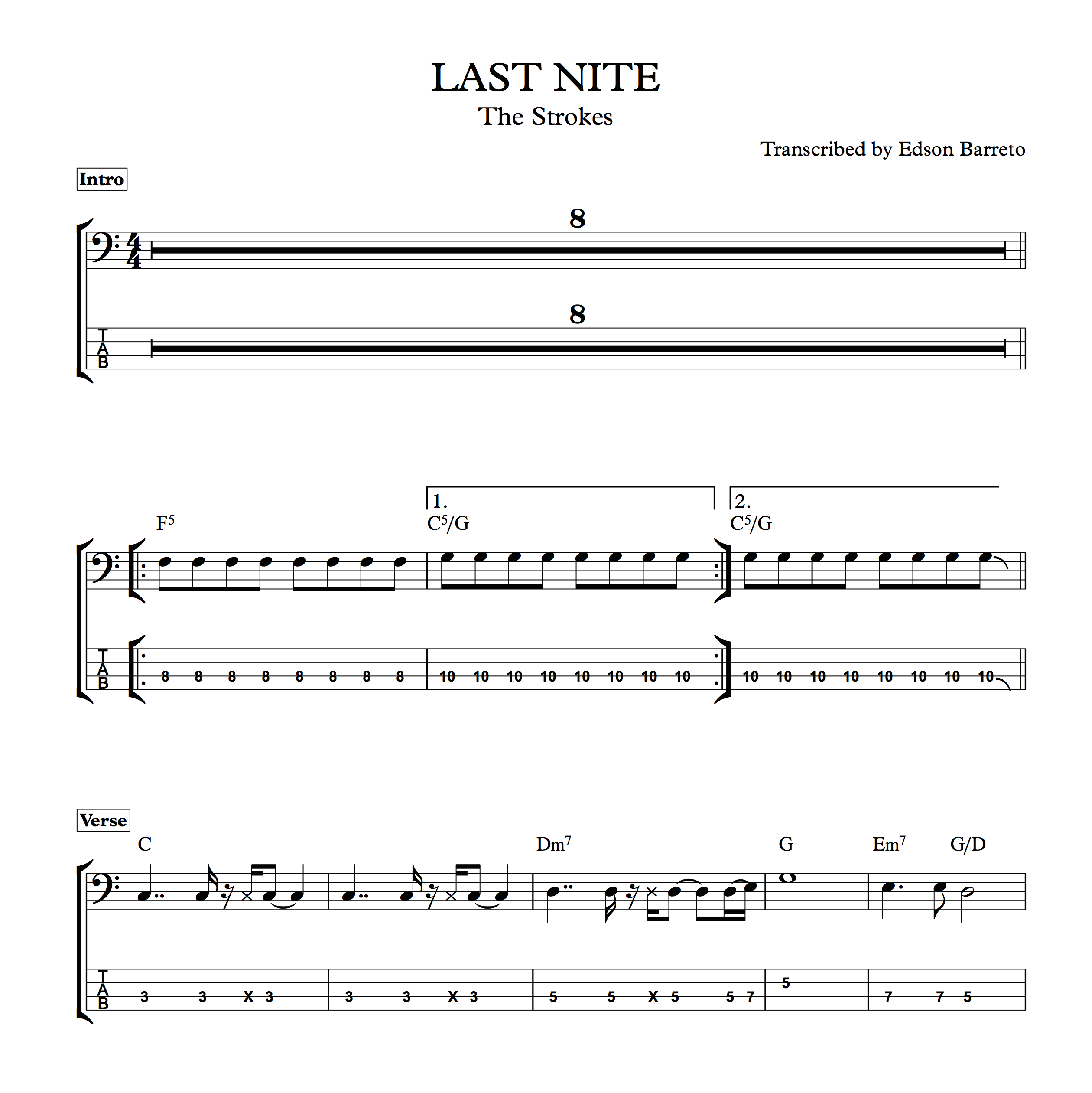 LAST NITE (The Strokes) Bass Score & Tab Lesson