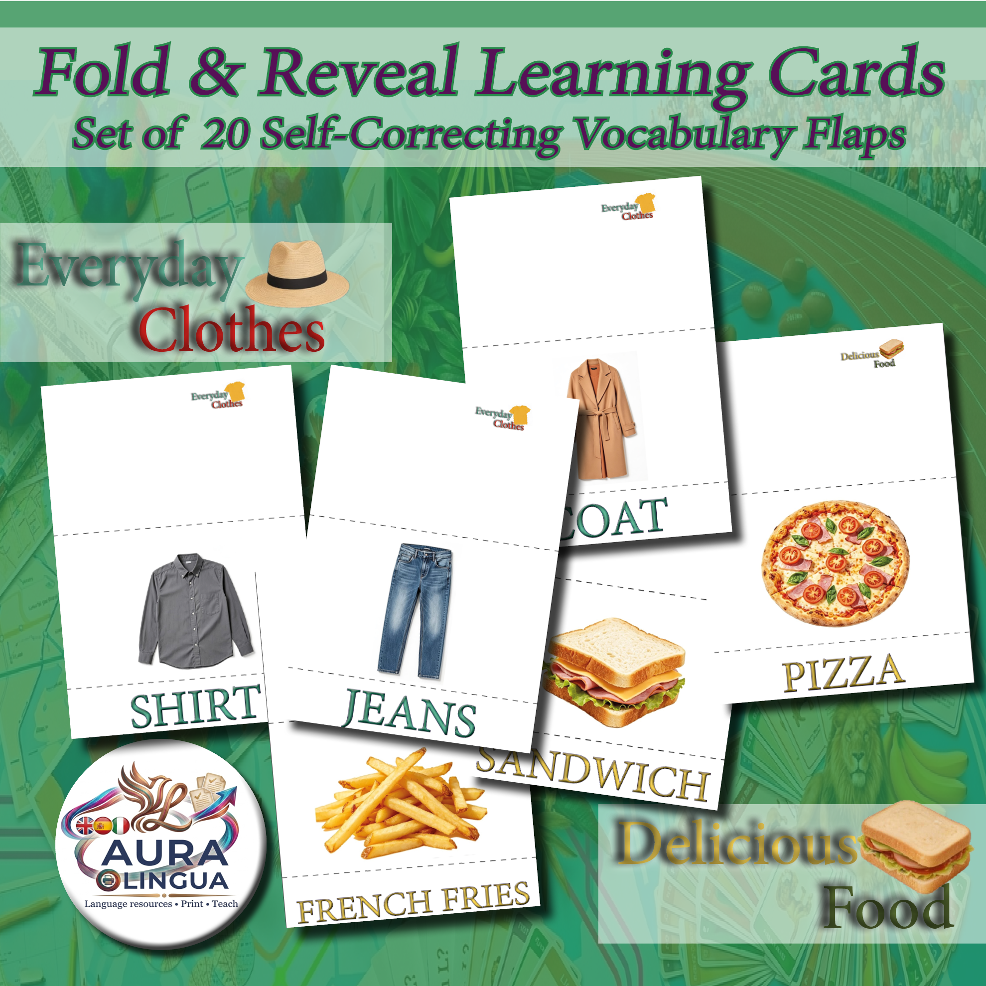 Flash Cards. Everyday Clothes - Delicious Food. Fold & Reveal Learn...