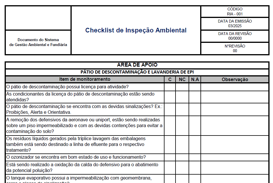 Checklist de Inspeção Ambiental - Área de Apoio - Pátio de Desconta...