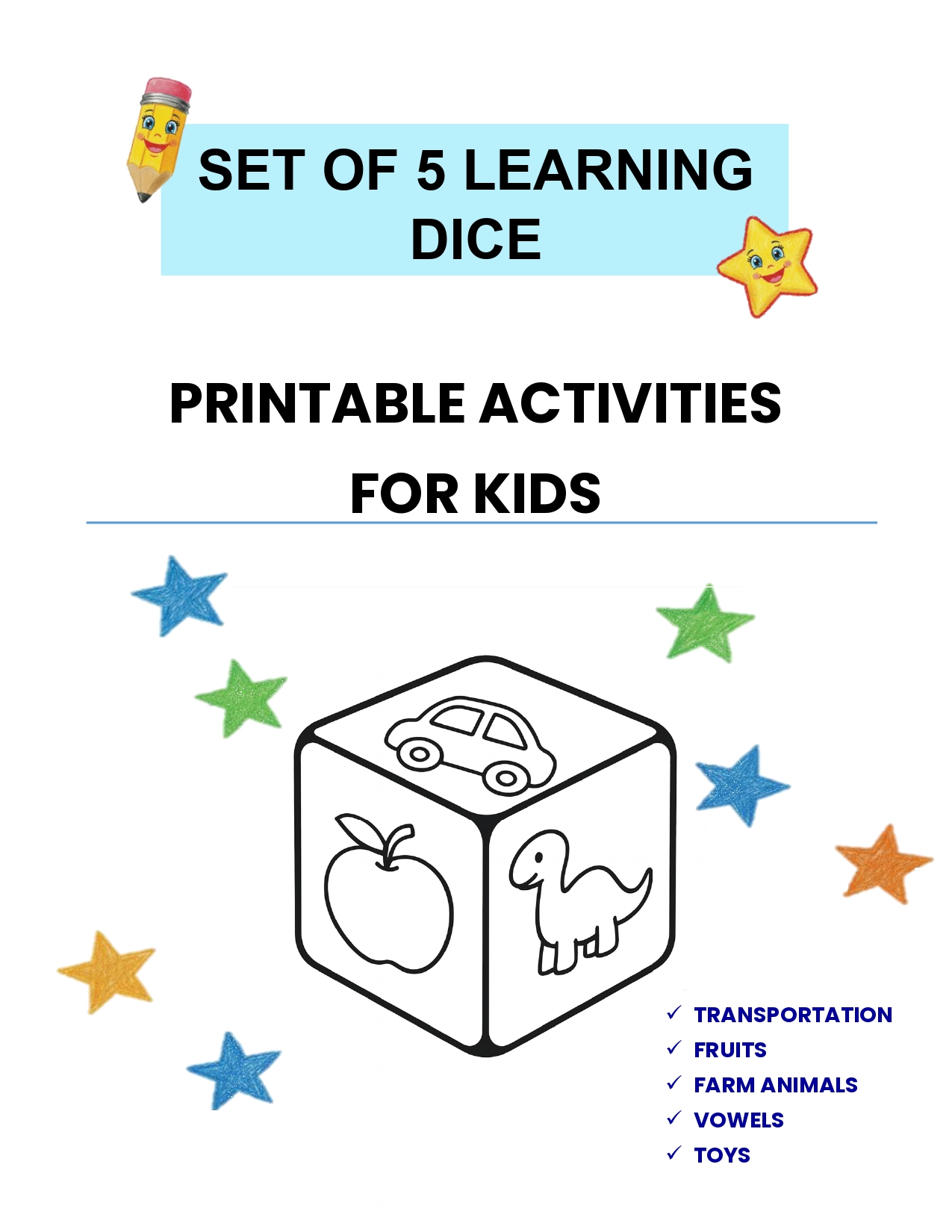 SET OF 5 LEARNING DICE – Printable Activities for Kids | Hotmart