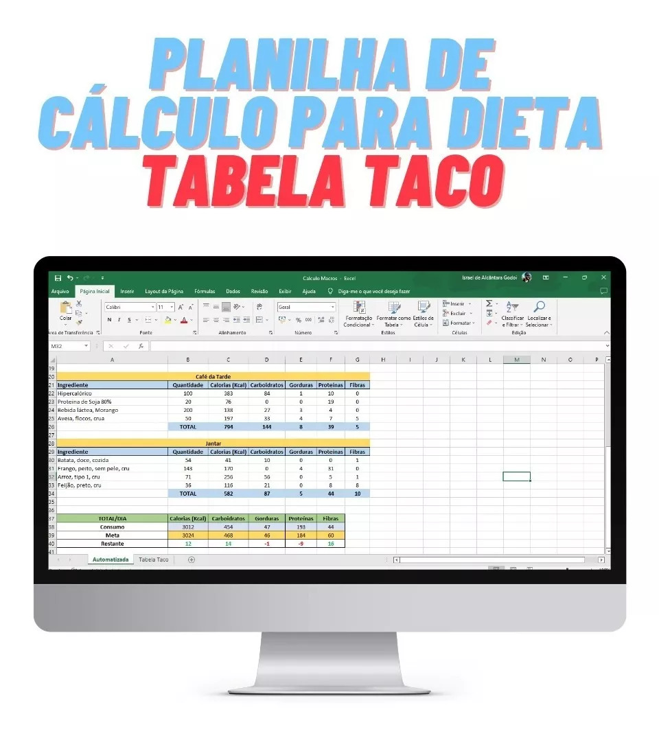 PLANILHA PARA CÁLCULO AUTOMÁTICO DE CALORIAS E DIETAS (TABELA TACO)