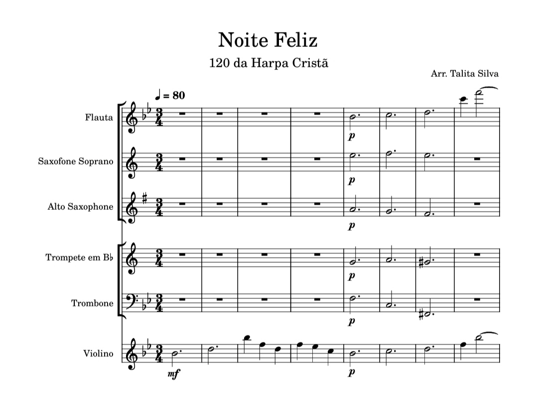 Partitura do arranjo do hino Noite Feliz da harpa cristã criado por...