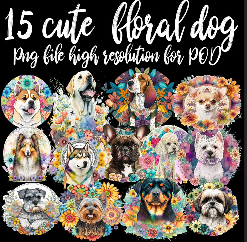 15 cute floral dogs high resolution png files for pod - Aziz El Ka...