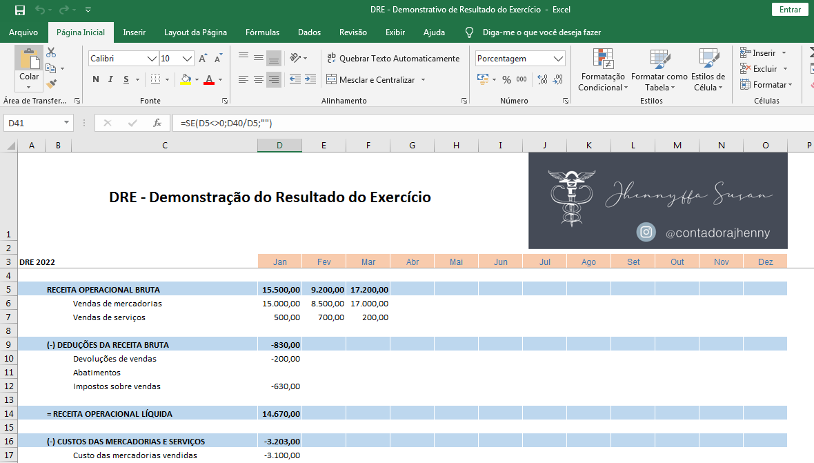 Planilha DRE - Demonstrativo do Resultado do Exercício - Jhennyffa ...