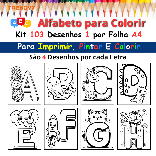 Alfabeto para colorir - Kit 103 Desenhos 1 por Folha A4 - Luiz Lope...