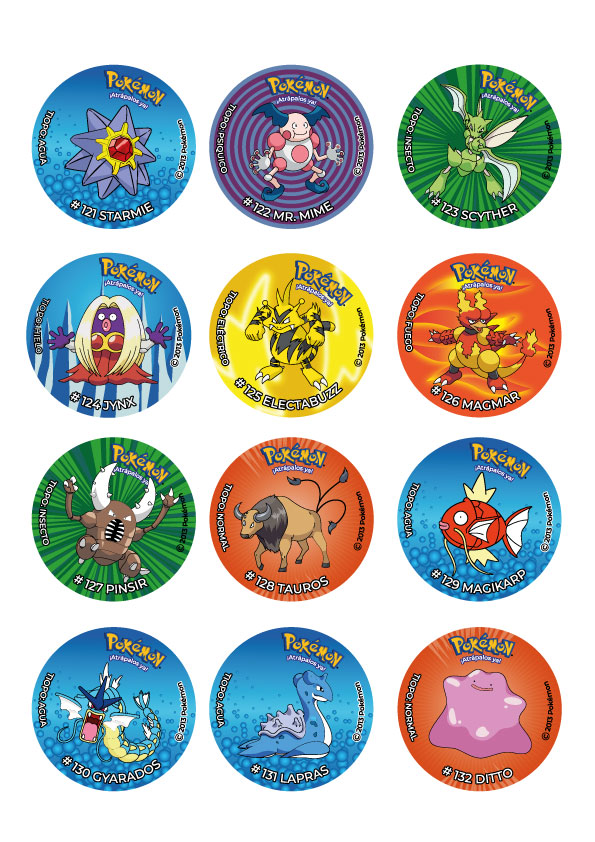 Ilustración digital de los Tazos Pokémon del nro.121 al 132. (Vecto...
