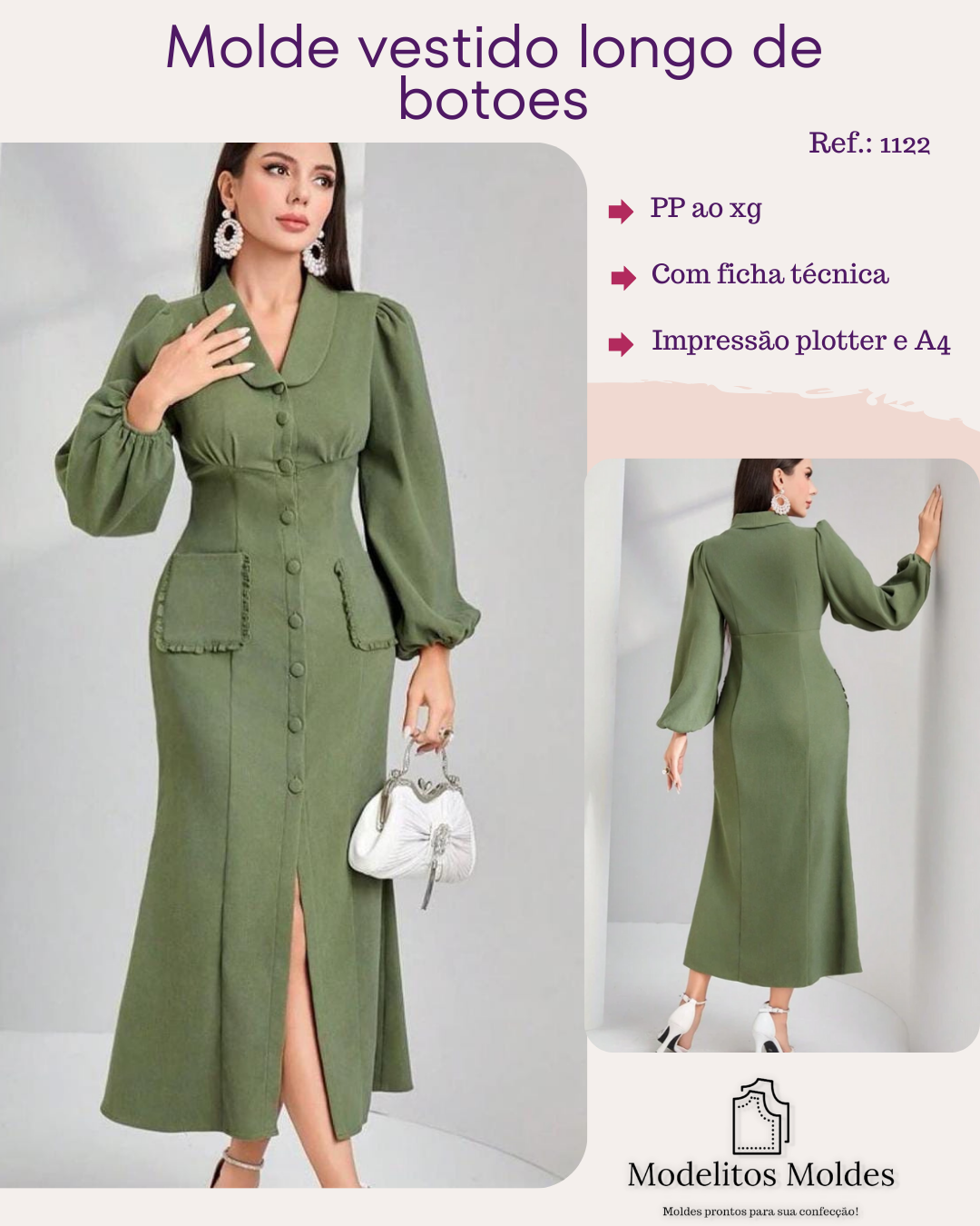 Molde vestido longo de botões do PP ao XG - Jéssica Meneses Modelis...