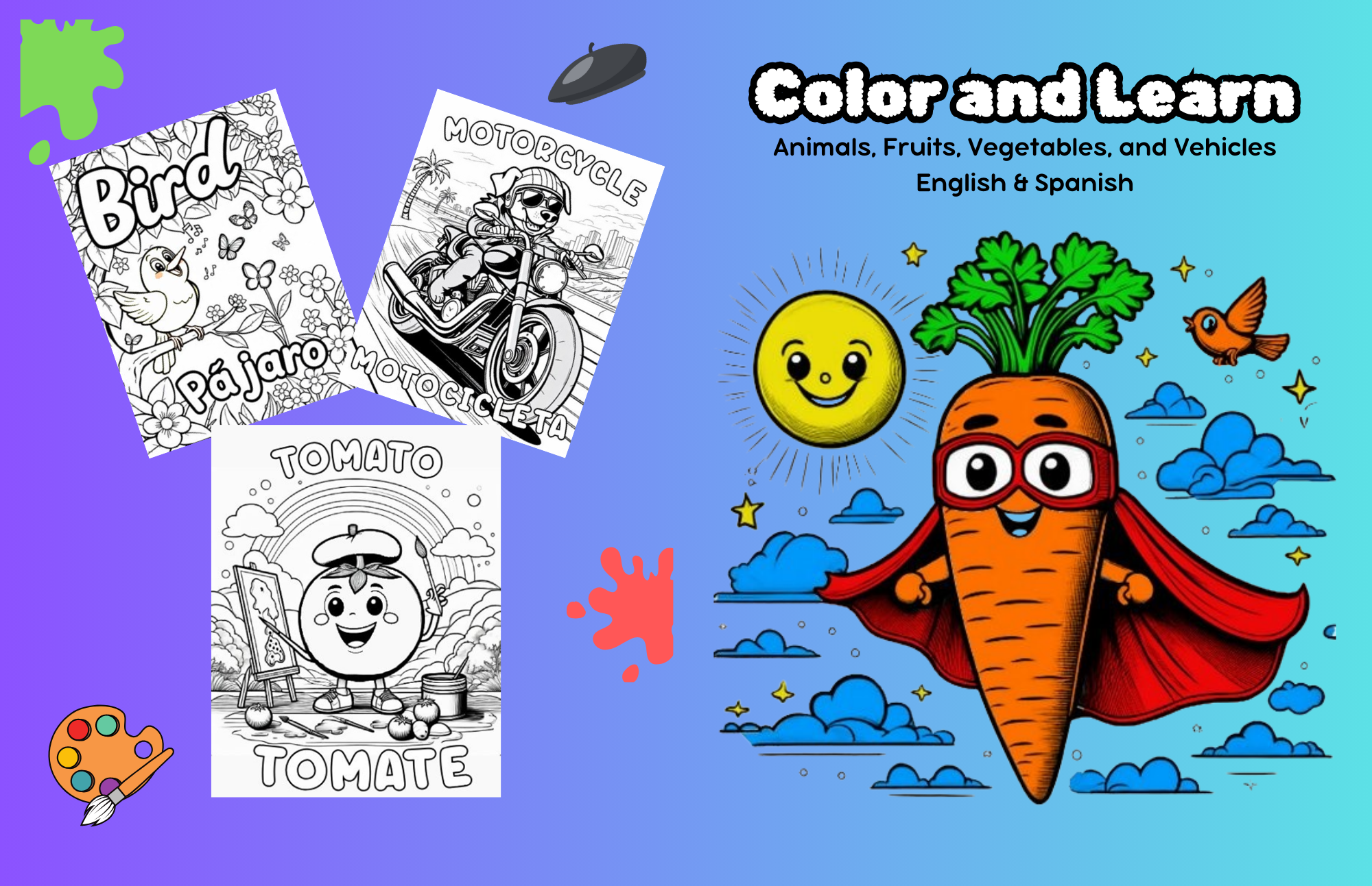 Coloring Book: Color and Learn - Animals, Fruits, Vegetables and ...