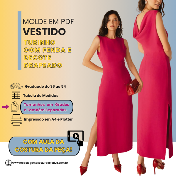 Molde em PDF: Vestido Tubinho com Fenda e Decote Drapeado ( com aula da ...
