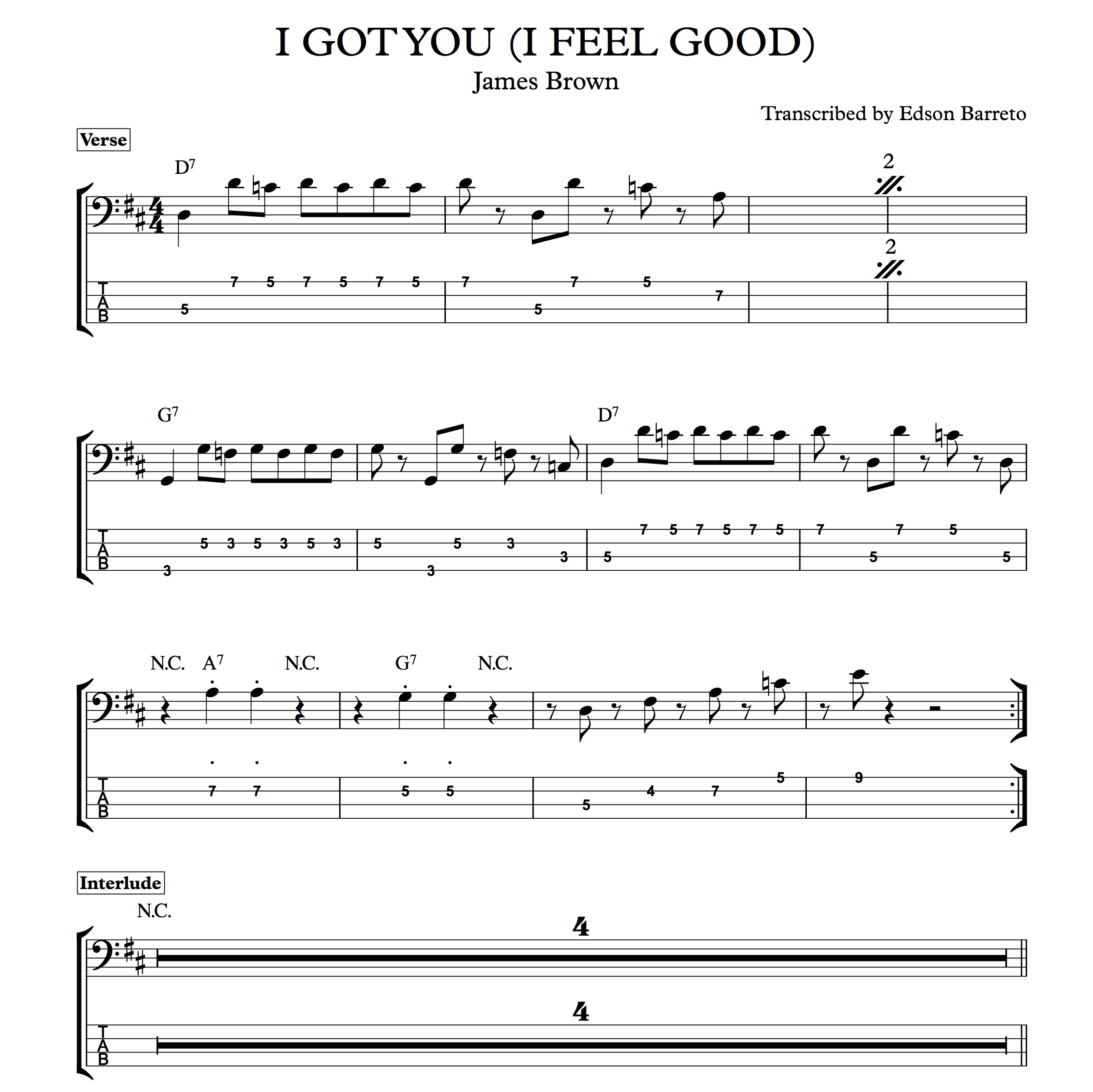 I GOT YOU (I FEEL GOOD) (James Brown) Bass Score & Tab Lesson