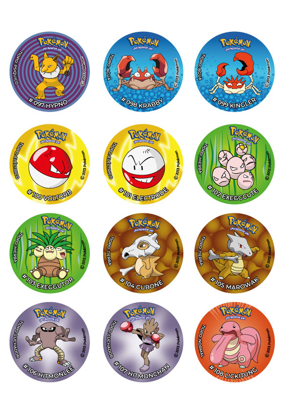 Ilustración digital de los Tazos Pokémon del nro.97 al 108. (Vector...