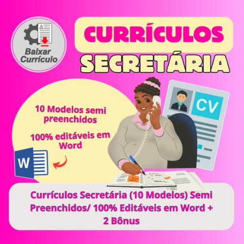 Currículos Secretária (10 Modelos) Semi Preenchidos/ 100% Editáveis em ...