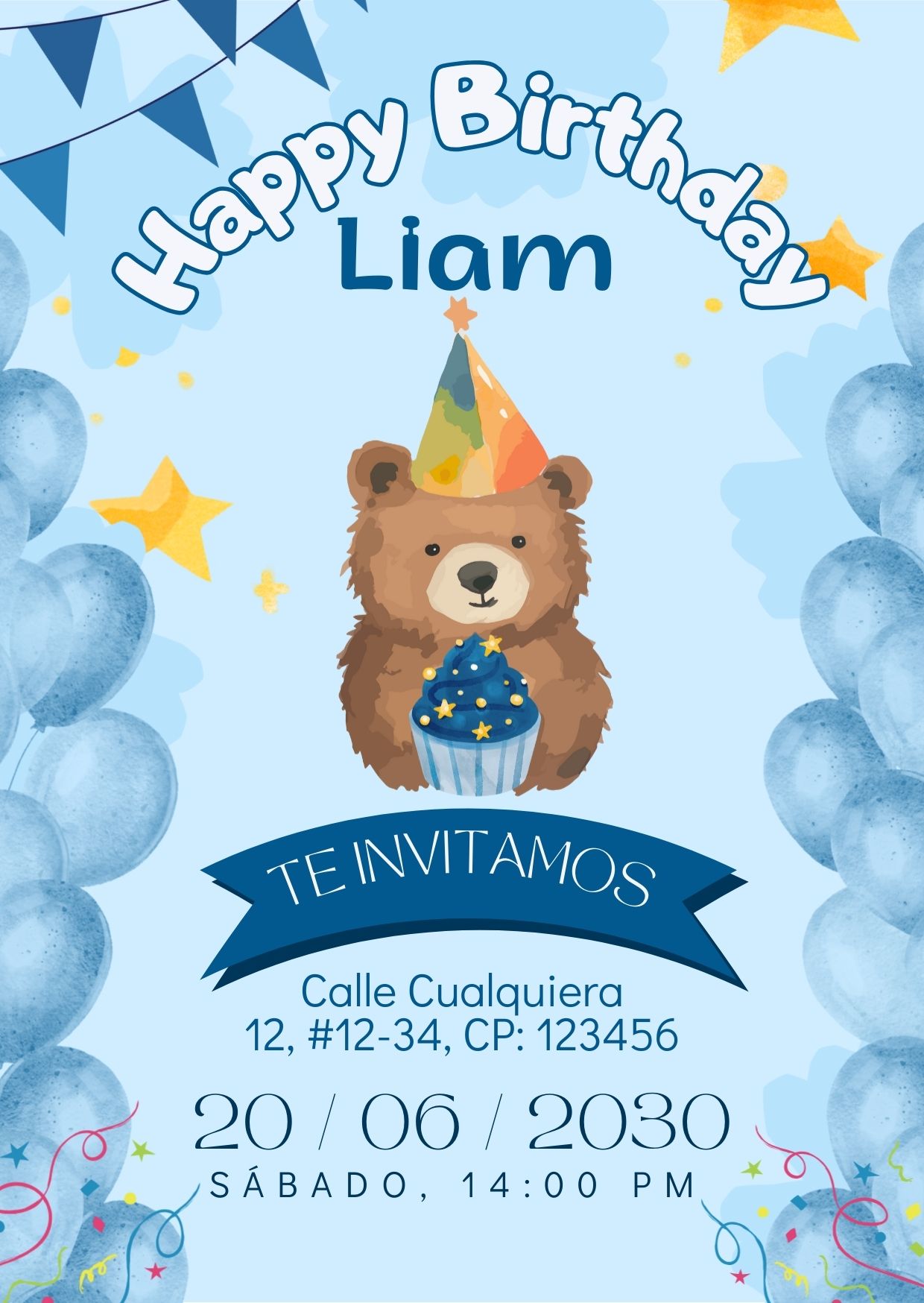 Invitación de cumpleaños infantil editable – Diseño osito con cupca...