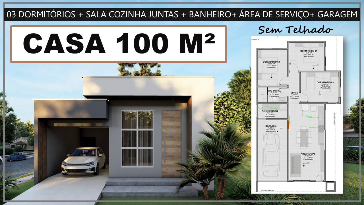 PROJETO DE CASA 100 M2 | ARQUITETÔNICO + IMAGENS 3D +ARQUIVOS EM DW...