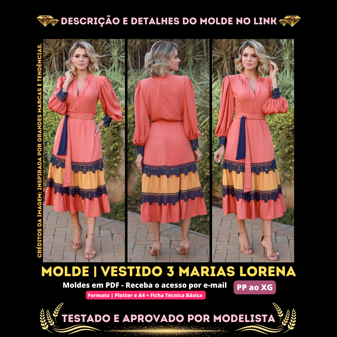 [Molde em PDF] - Vestido 3 Marias Lorena ID 3227570 - Empreendedor...