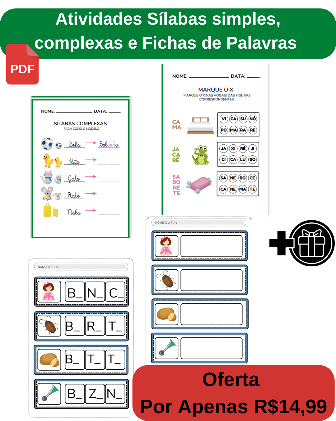 Combo Atividades Sílabas simples,Sílabas complexas e Fichas de Pala...