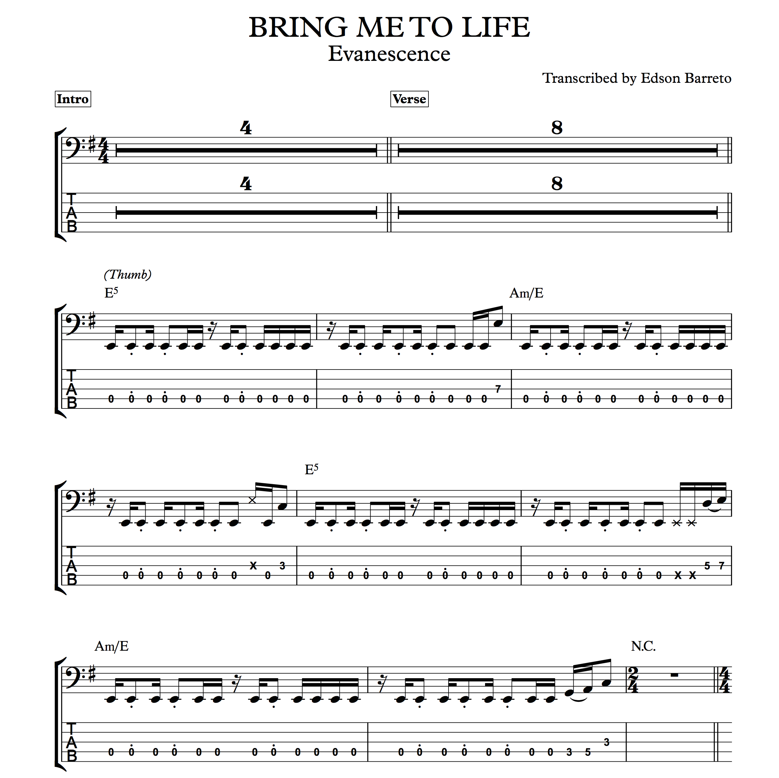 BRING ME TO LIFE (Evanescence) Bass Transcription, Score & Tab Lesson