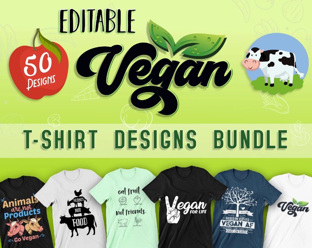 50 Editable Vegan T-Shirt Designs Bundle