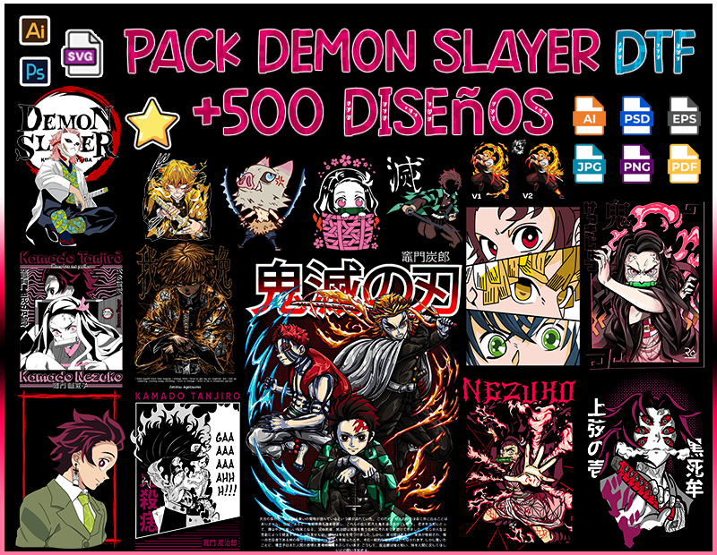 Pack +500 Diseños Vector Demon Slayer Png Bundle DTF Tshirt / Subli...