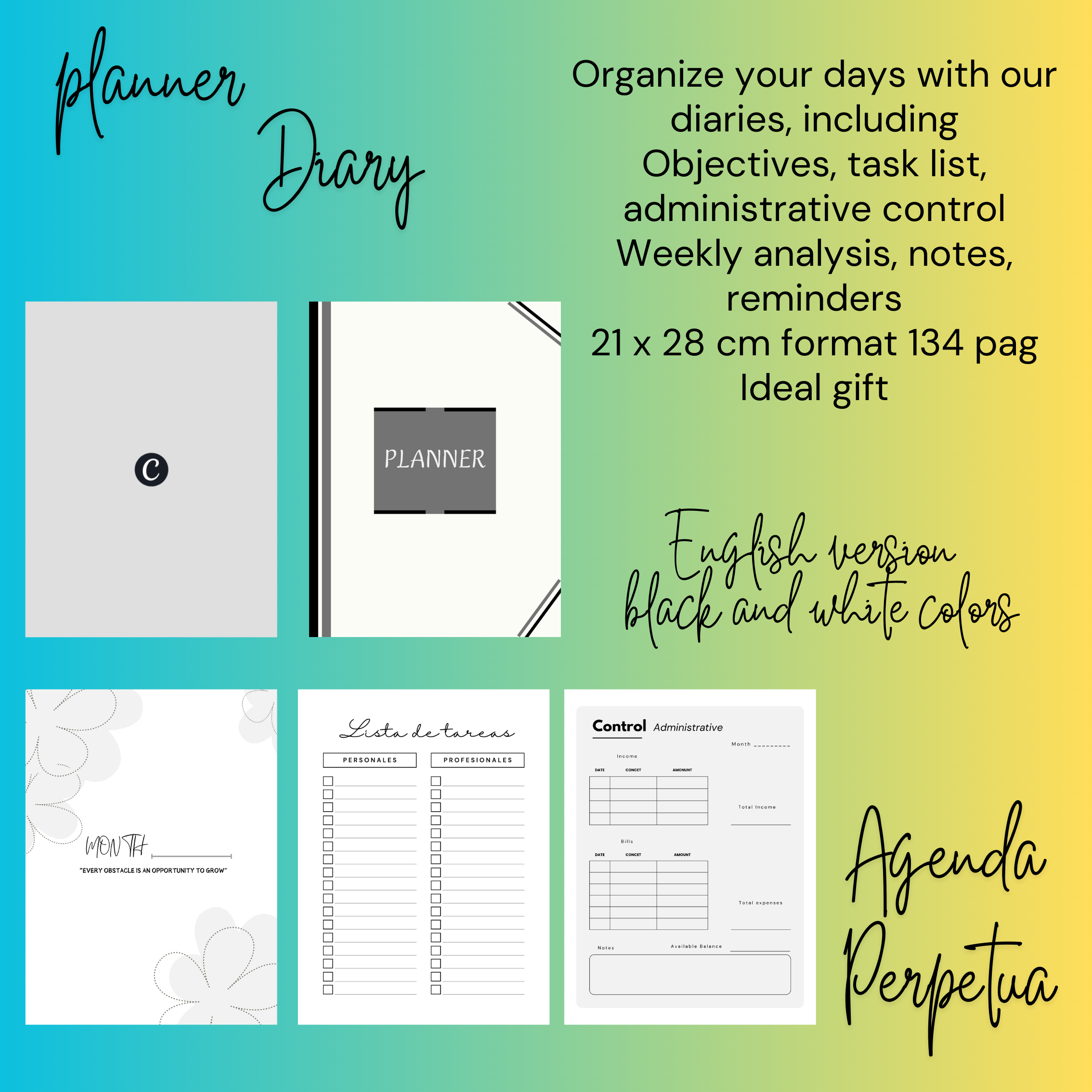 Diary planner, perpetual agenda, 12 months in black and white version ...