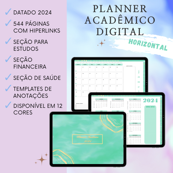 Planner Acadêmico 2024 Verde Claro (Horizontal) - Larissa Sales Tre...