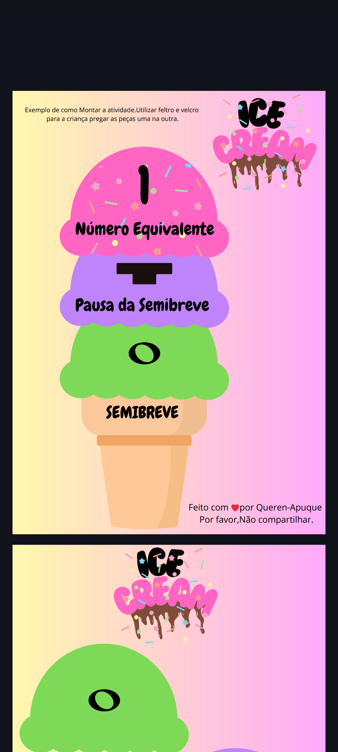 Ice Cream Musical. Figuras músicais,pausas e números equivalentes.