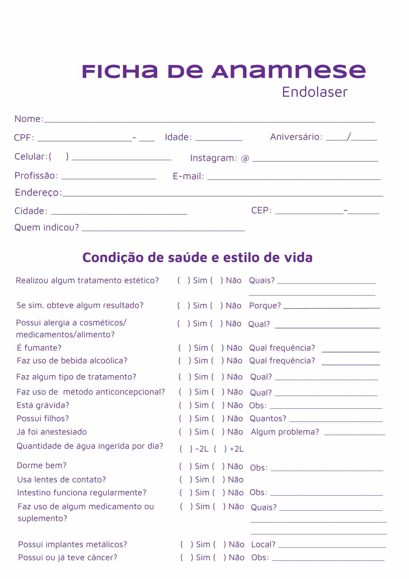 Ficha de anamnese para Endolaser - editável no canva - Danielle Cal...
